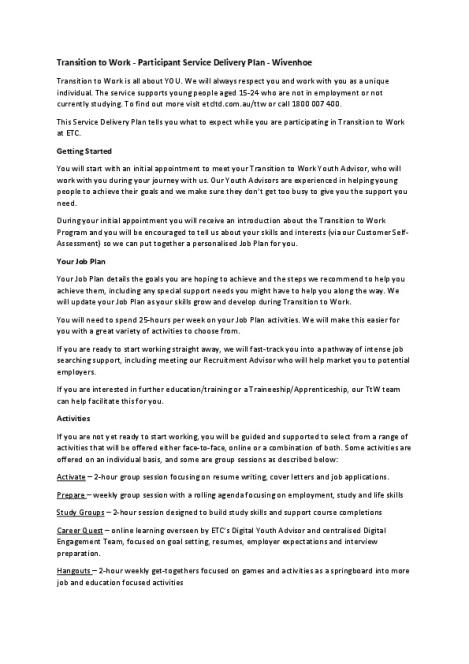 TtW Service Delivery Plan - QLD - Wivenhoe - Enterprise and Training Company (Participant ...